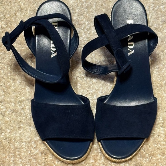 Prada | Shoes | New Prada Raffia 95mm Peeptoe Slingback Wedge In Navy ...